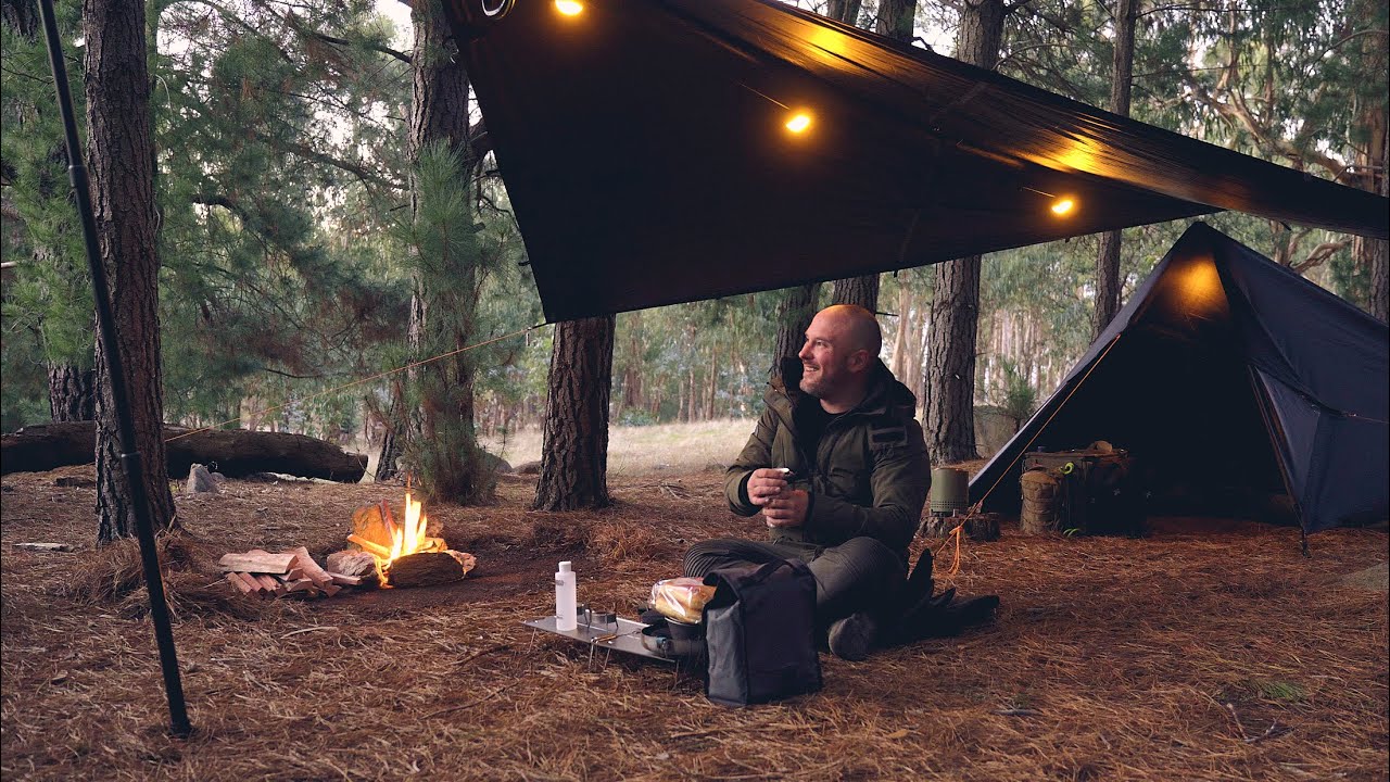 Gloomy forest SOLO camp with a fire and a stealth tarp-tent | low ...