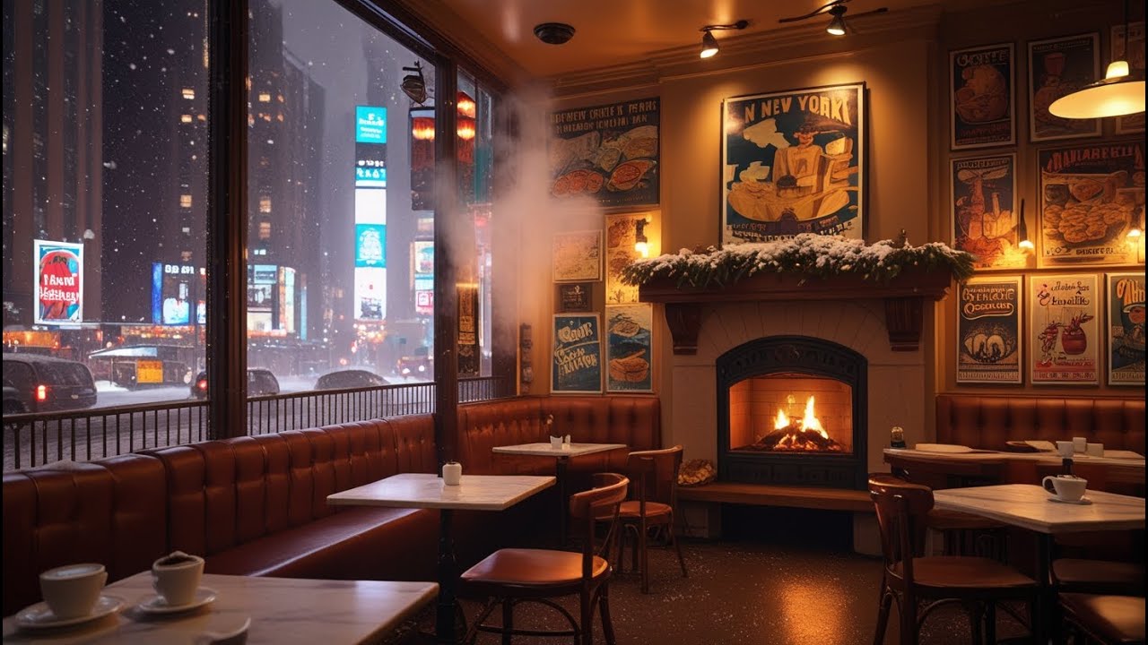 A warm interior of a cozy cafe snowing in New York. - YouTube