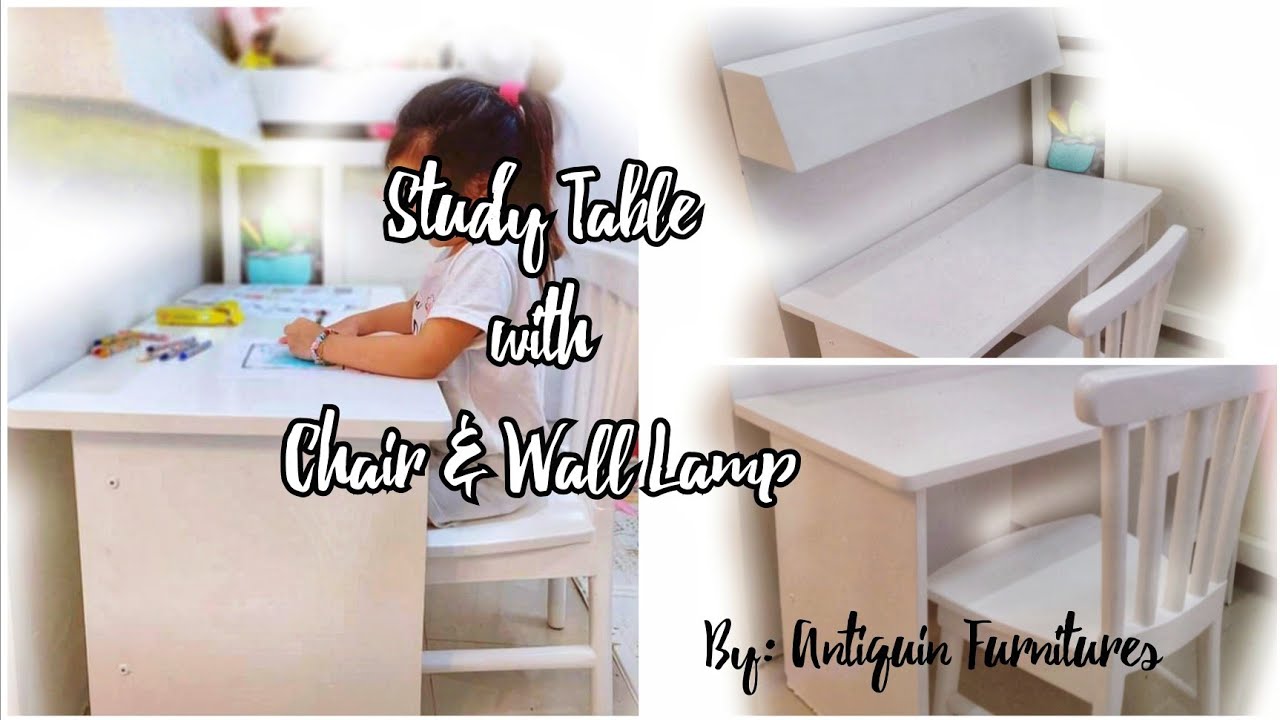 Kids Study Table with Chair & Wall Lamp in White Paint Ducco Finish ...