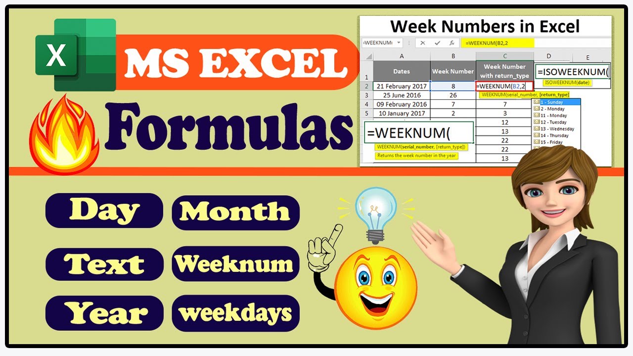 Excel Useful Formulas Day, Month, Year, Text, Weekday, Weeknum | Excel ...