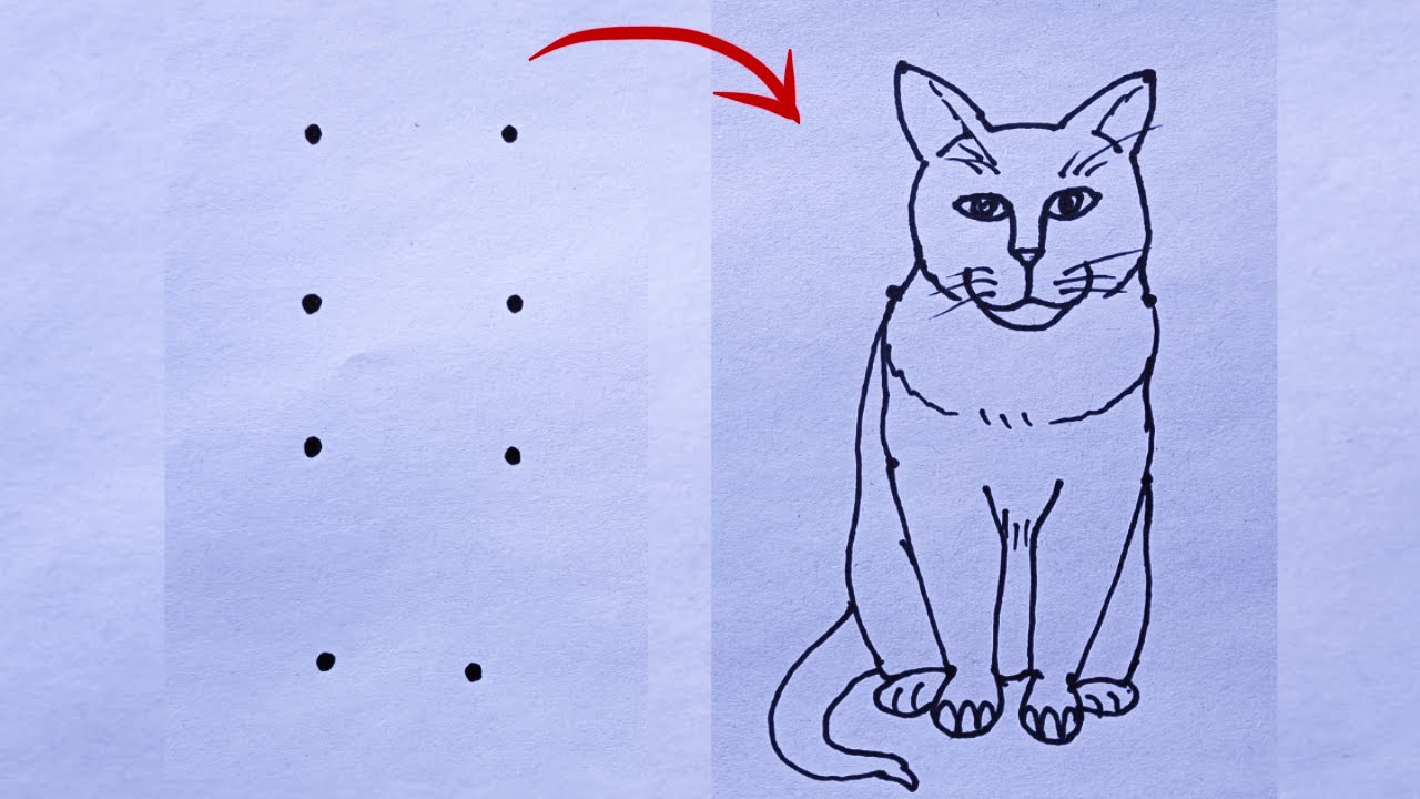 How To Draw Cat With Dots | Cat Drawing Easy With New Method | Cat Full ...