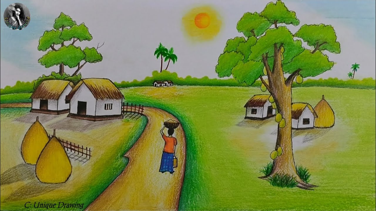 Village summer season drawing. Summer season village drawing. Landscape ...