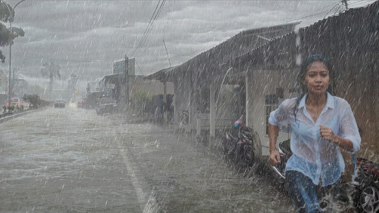 HEAVY RAIN!! CAUSING FLOODING ON VILLAGE ROADS IN ASIA | RAIN SOUNDS ...