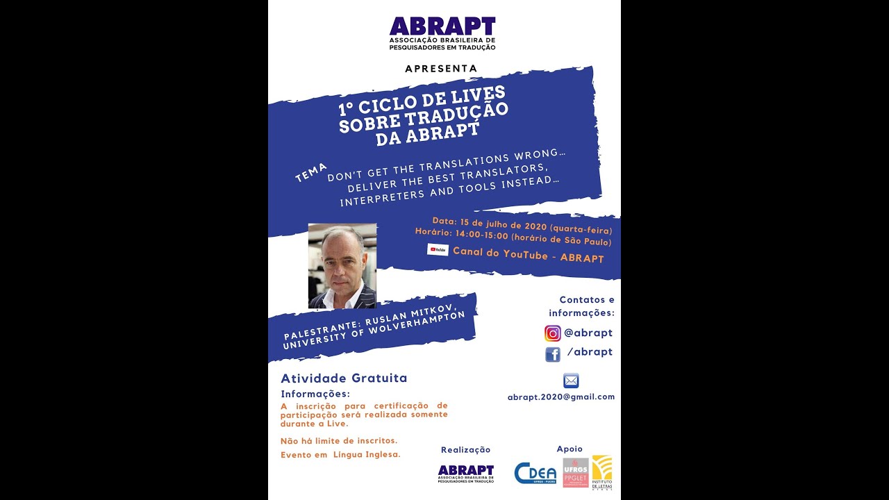1º CICLO DE LIVES EM TRADUÇÃO DA ABRAPT com Ruslan Mitkov, University ...