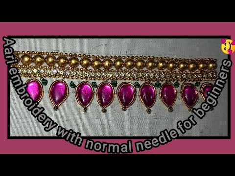 Aari work blouse neck design with normal needle/beads work and stone work with normal needle ...