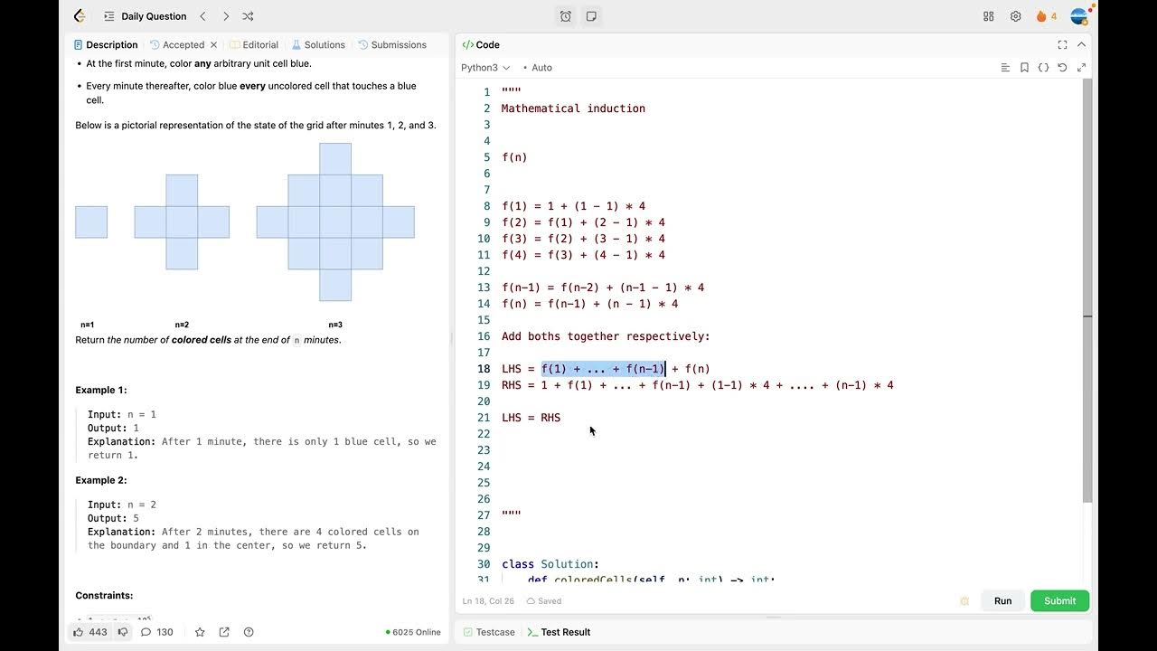 leetcode 2579 Count Total Number of Colored Cells | Elementary Math - YouTube
