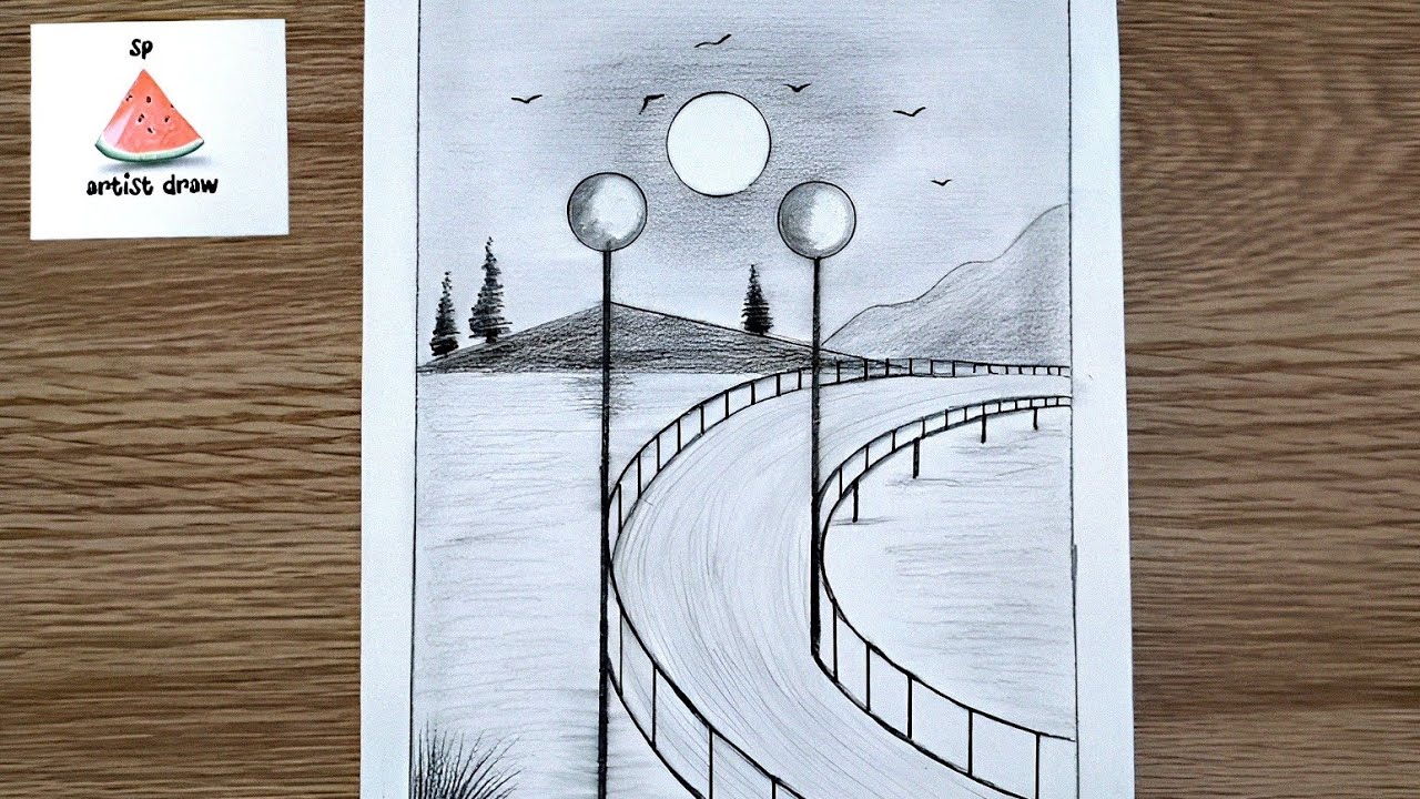 How to draw scenery of Moonlight night scene with pencil sketch step by ...
