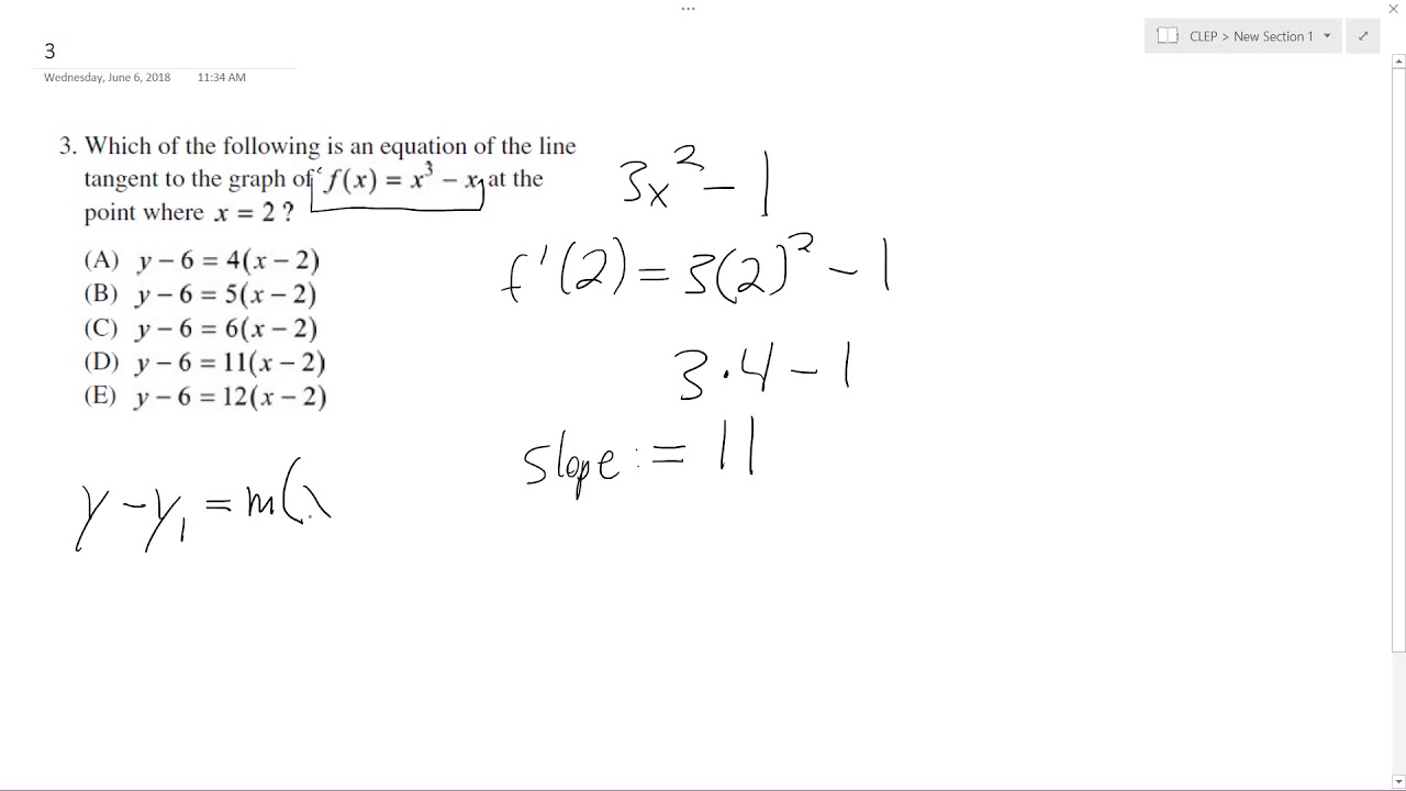 Equation Of Tangent Line F x X 3 X At X 2 YouTube
