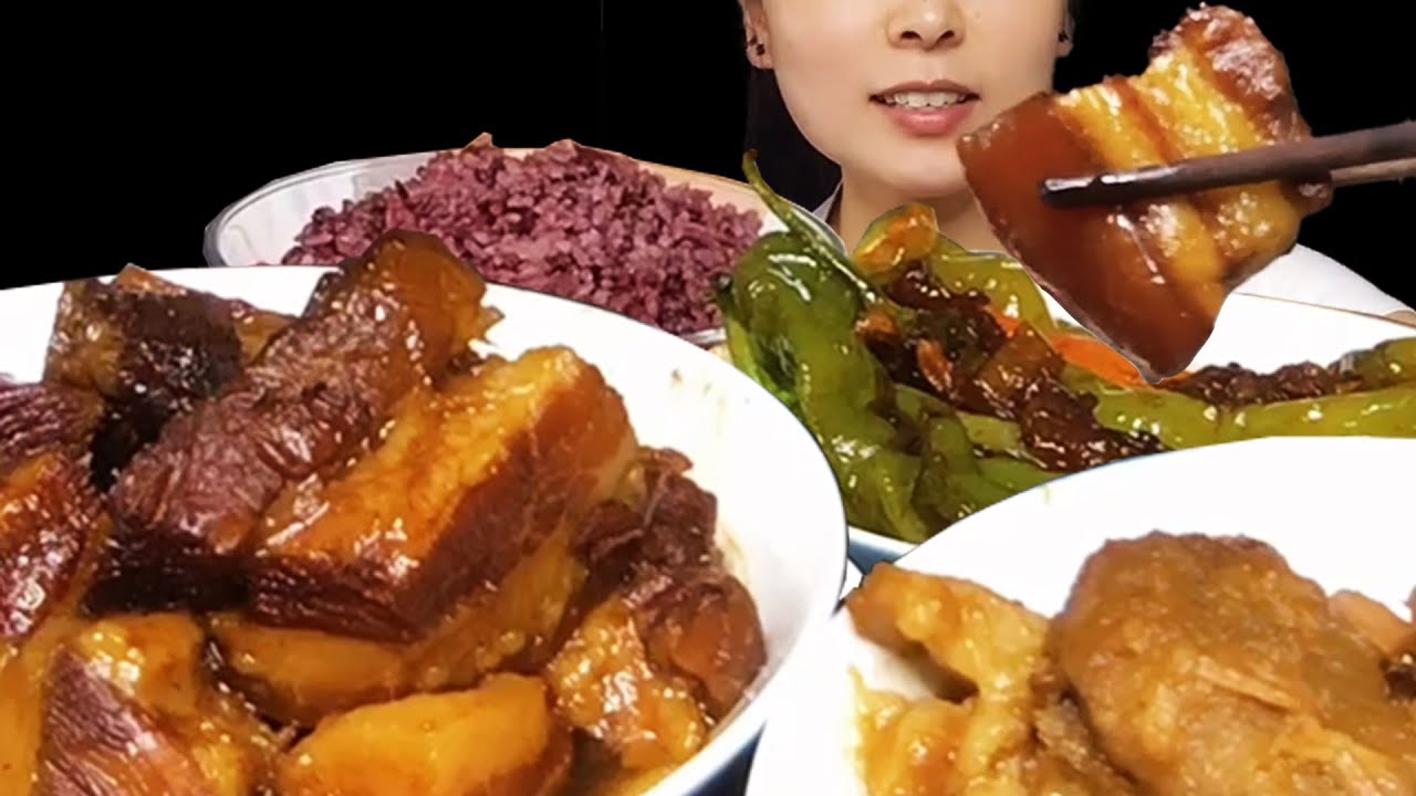 Mukbang Asmr taro pork with purple rice, Tiger skin peppers so ...