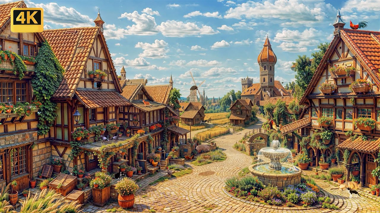 ⛅Summer Harvest Medieval Village Ambience with Countryside Sounds ...
