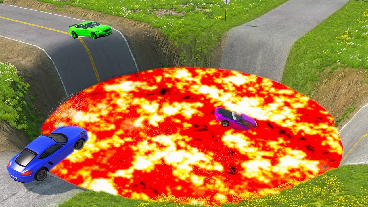 Trucks and Cars vs THE GIANT LAVA CRATER 💥 BeamNG Drive - YouTube