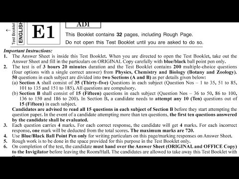 NEET Question Paper E1 with key answers Physics, Chemistry and biology ...