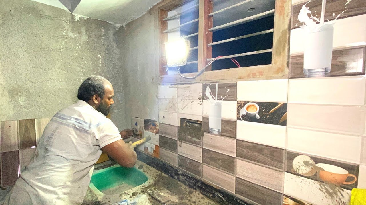 kitchen Design 450x300mm size wall tiles installation-using by cement ...