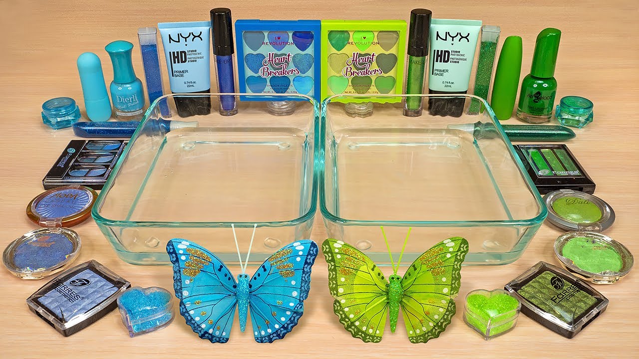 BLUE vs. GREEN ! Slime Coloring and Mixing with Makeup ! ASMR ...