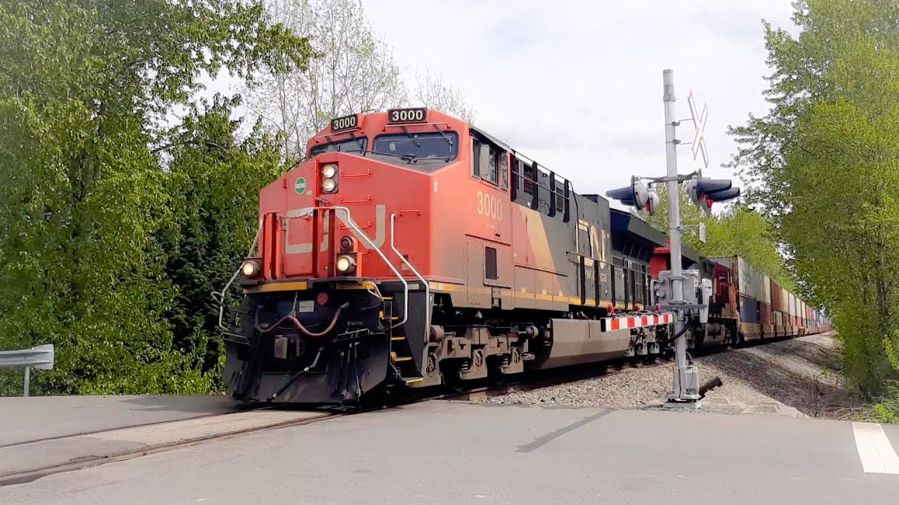 CN 3000 Leads A Long Stack Train In Surrey British Columbia - YouTube