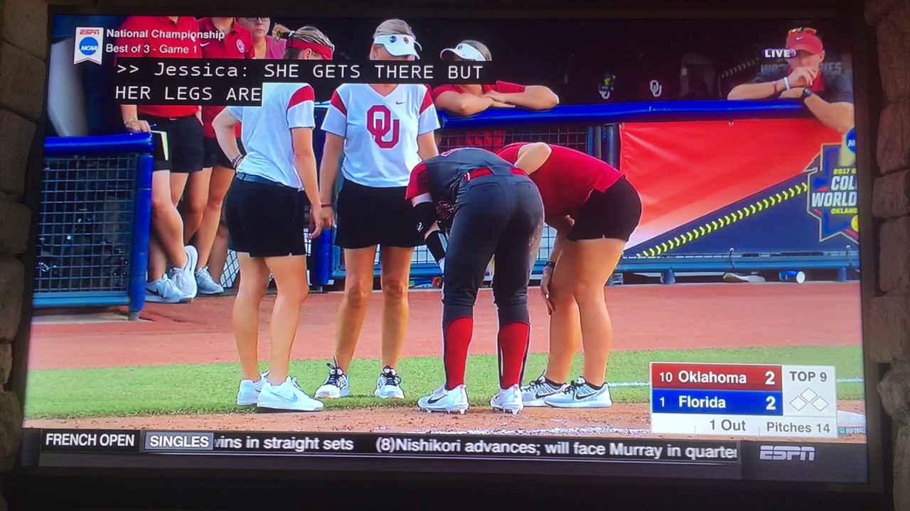 2017 WCWS Softball championship OU vs. Florida 1st base obstruction ...