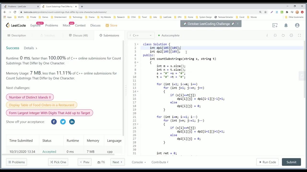 【每日一题】1638. Count Substrings That Differ by One Character, 11/1/2020 - YouTube