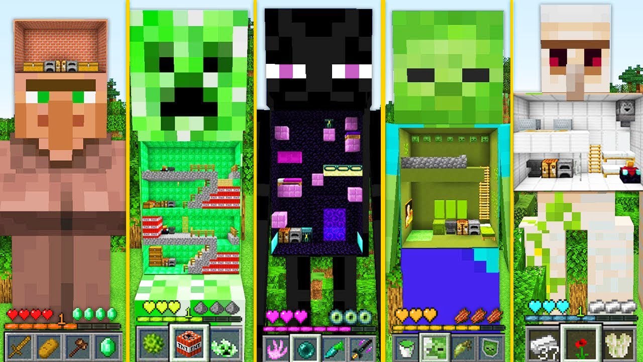 Minecraft HOW to BUILD HOUSE IN ENDERMAN GOLEM ZOMBIE CREEPER VILLAGER ...