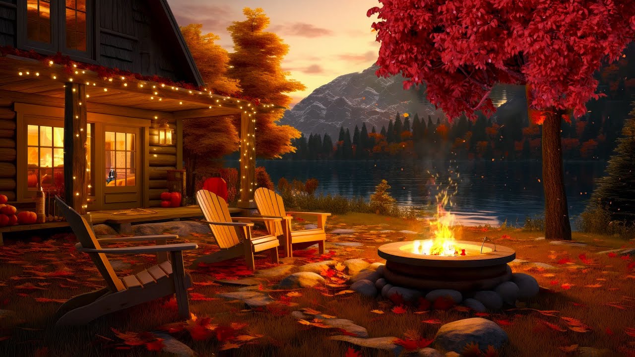 Cozy Autumn Garden Cottage with campfire crackling , bird sound, night ...