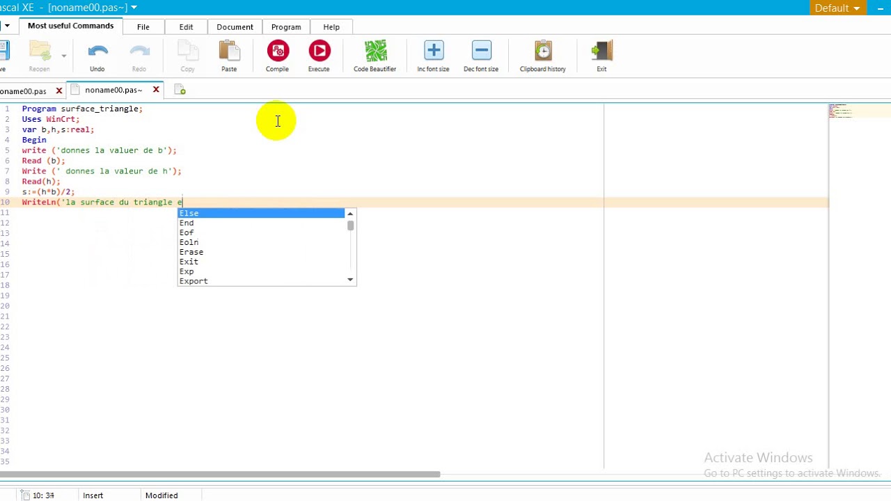algorithme qui calcule la surface du triangle en pascal - YouTube
