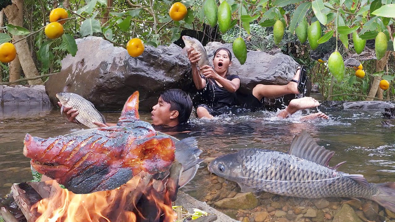 Catch big fish in river for food, Big fish curry tasty, Green mango Hot ...