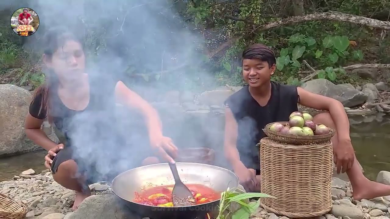 Cooking Octopus curry with mushroom, Natural milk fruit for dinner ...