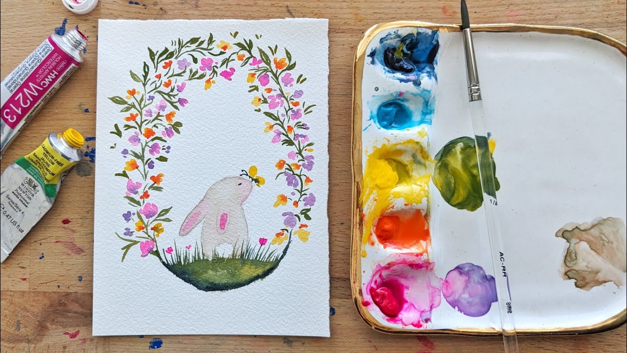EASY beginner watercolor painting tutorial of Bunny with wildflowers ...