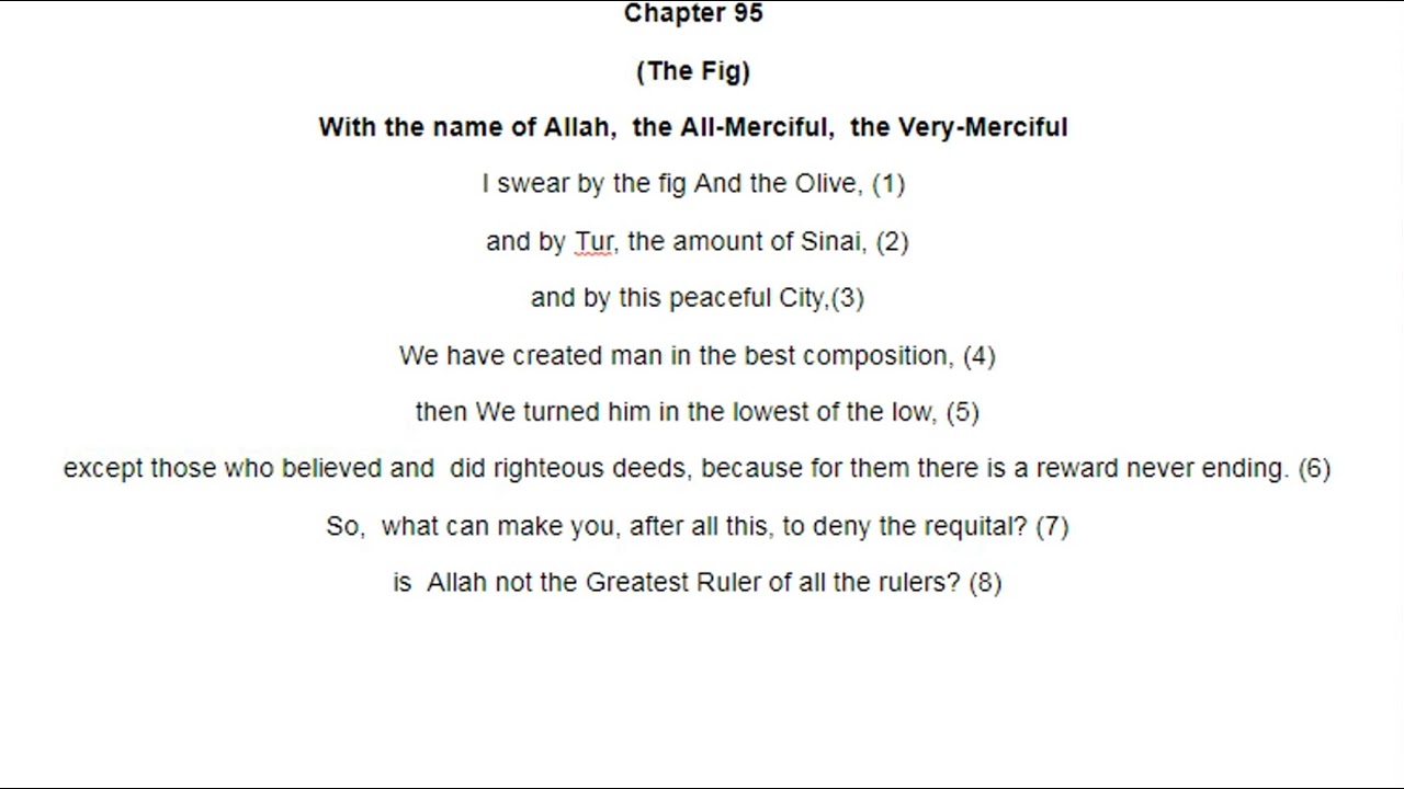 Koran English Translation only, Chapter 95, The Fig Full - YouTube