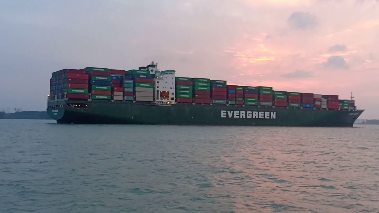 massive marine Msc & Evergreen container ship meet each other in port ...