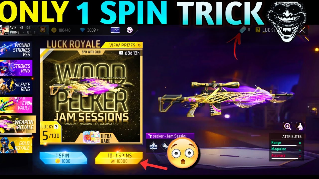 NEW WEAPON ROYAL IN FREE FIRE WOODPECKER SKIN ONLY 1 SPIN TRICK # ...