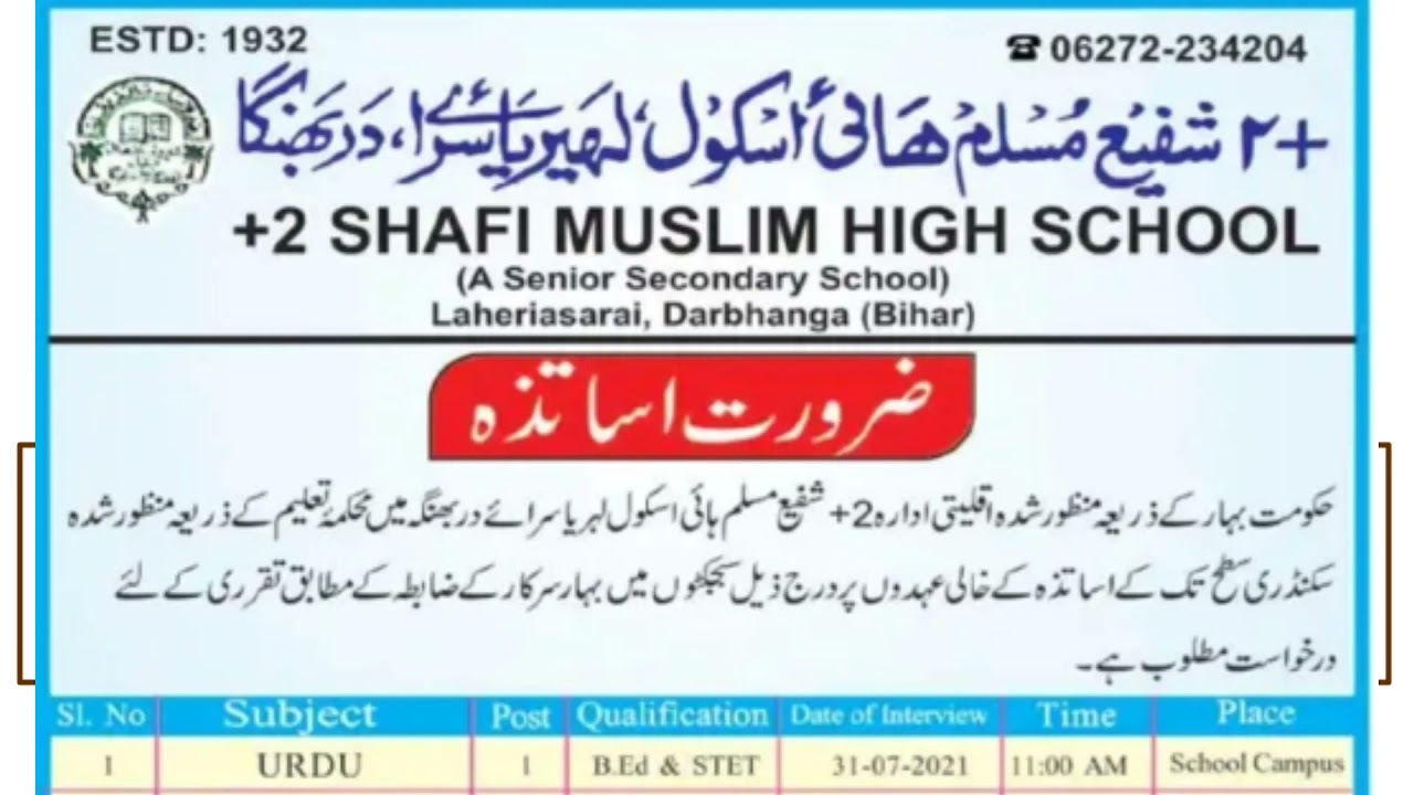 +2 Shafi Muslim High school Darbhanga Recruiting Various Subject ...