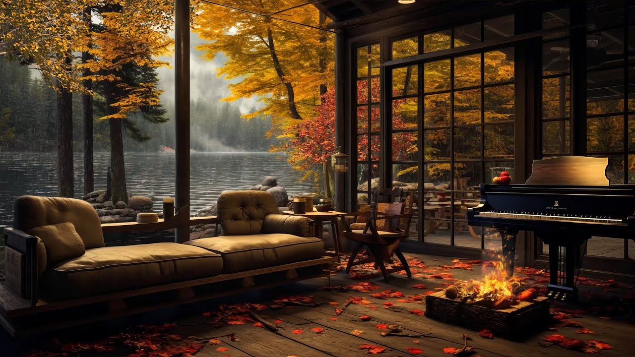 Autumn Cozy Room with Relaxing Jazz 🌧️ Slightly Rain and Jazz Music for ...