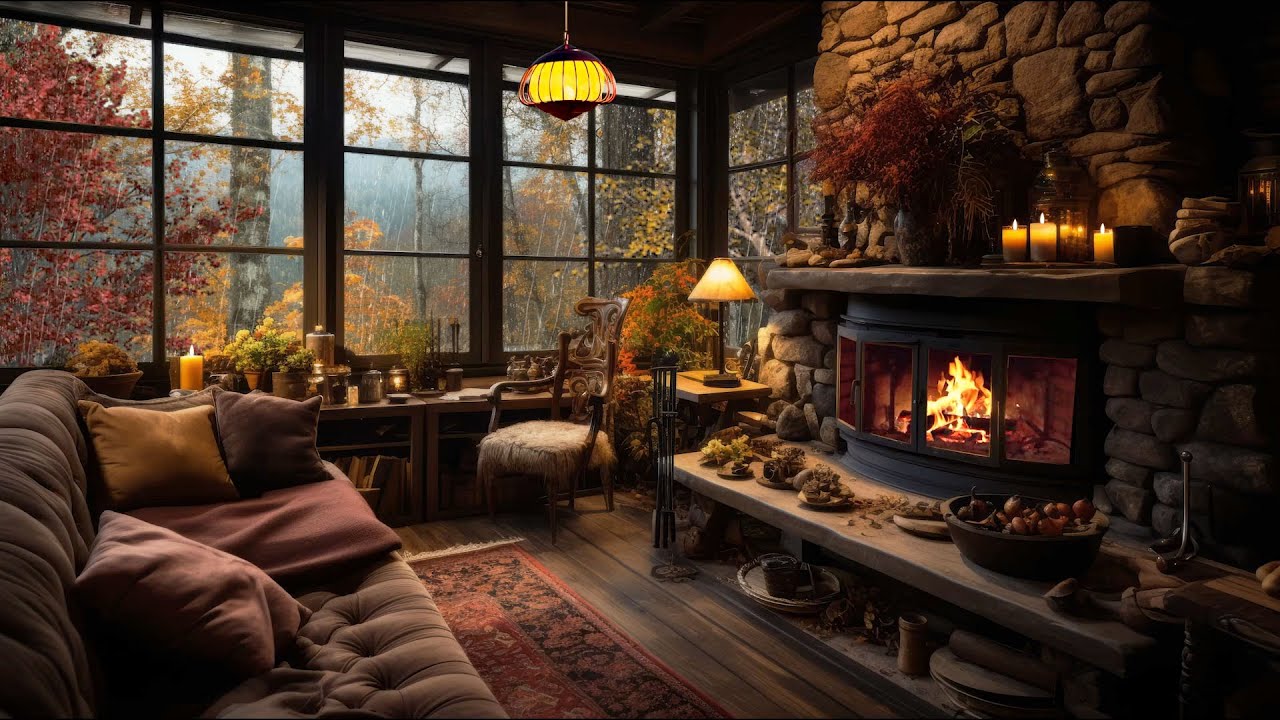 Autumn Rainy Day | Relaxing Fireplace & Rain Sounds | Fall Ambience ...