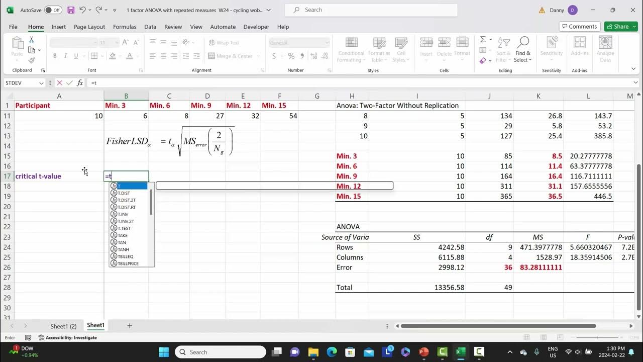 MS EXCEL 1 factor ANOVA with repeated measures Fisher LSD post hoc Part 1 - YouTube