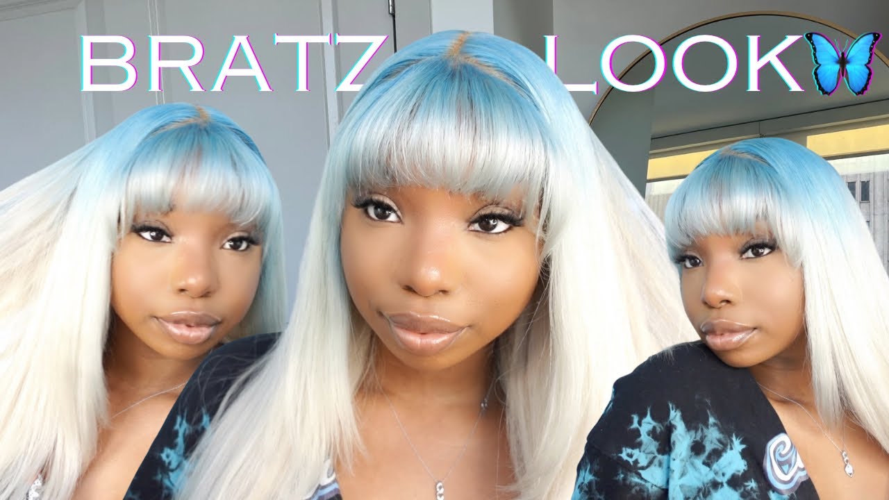 OMBRÉ SKY BLUE DYE FROM BLONDE HAIR| INSTALL + BANG CUT TUTORIAL Ft AMAZON 613 WIG - YouTube