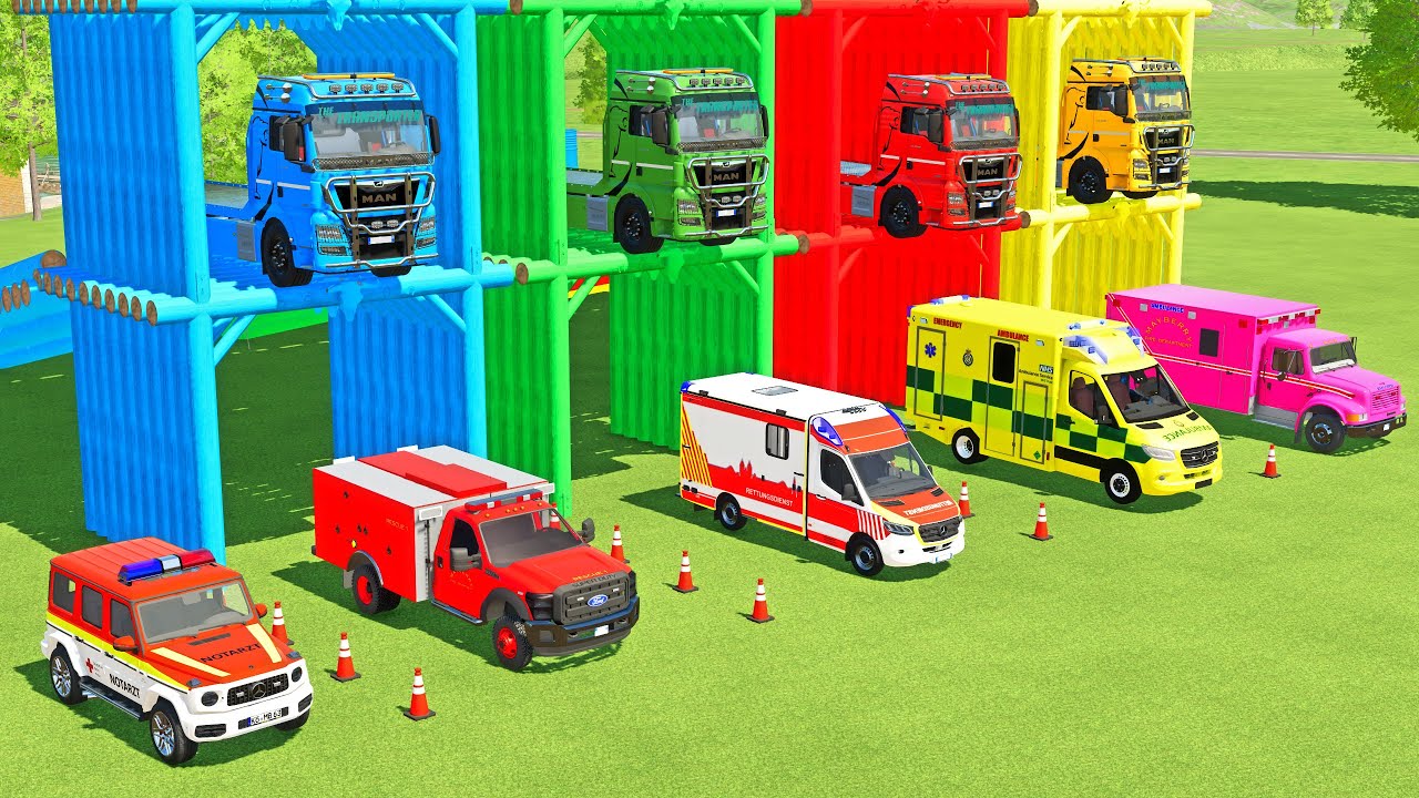 FORD RESCUE, MERCEDES AMG AMBULANCE, BMW POLICE CARS TRANSPORTING TO ...