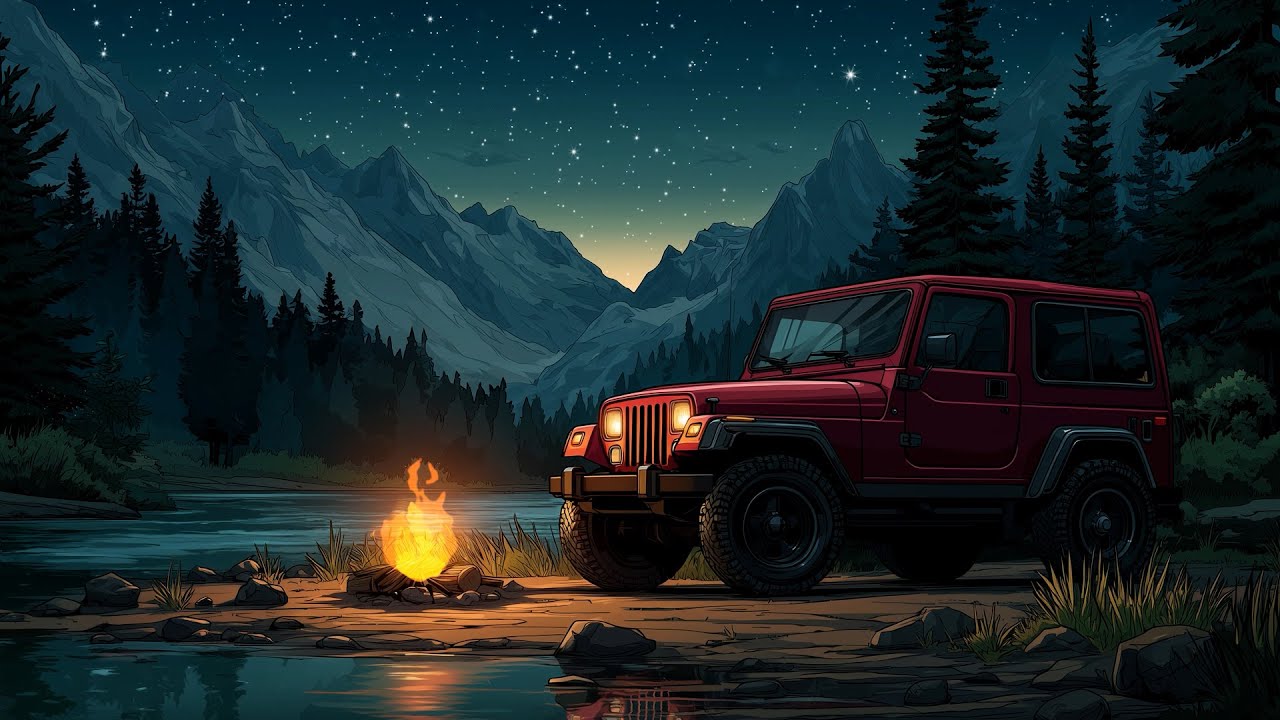 Off-Road Campfire Nightscape | FREE Relaxing Night Sky Animated Loop | Jeep by the Fire - YouTube