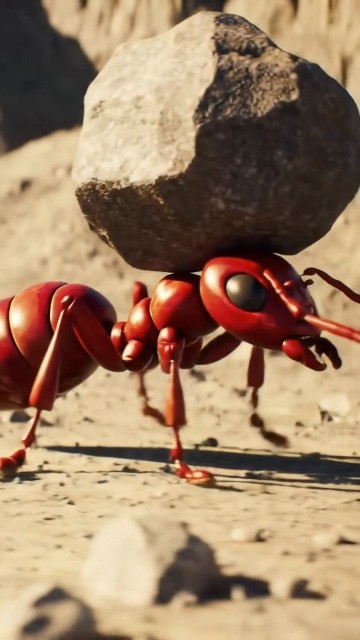 A strong stylized red ant carrying a huge rock on its back walking with ...