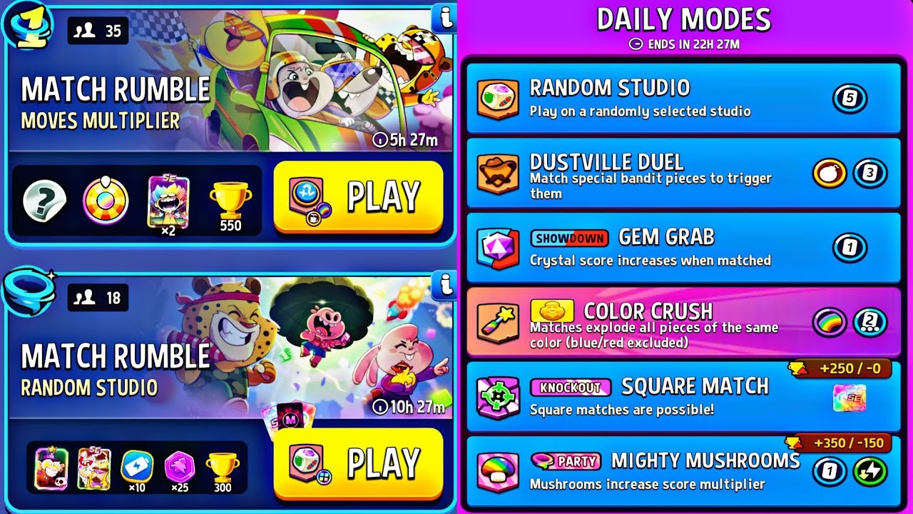 daily modes & rumble | party | knockout | show down | moves multiplier ...