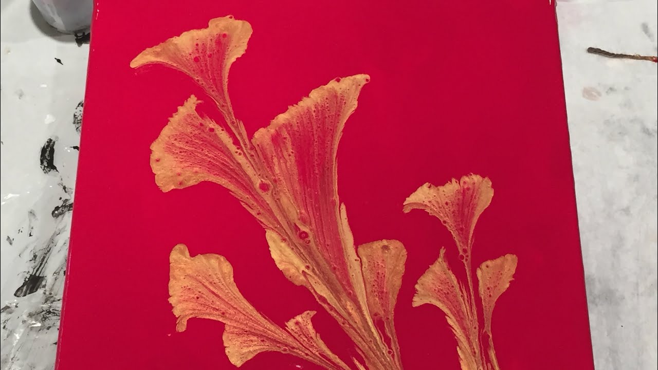 (139) Acrylic Pour - String Pull with Red, Gold and Copper - YouTube