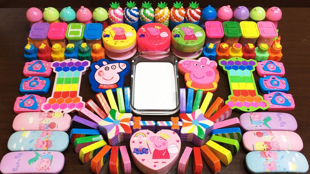 PEPPA PIG SLIME & RAINBOW ! Mixing Random Things into GLOSSY Slime ...
