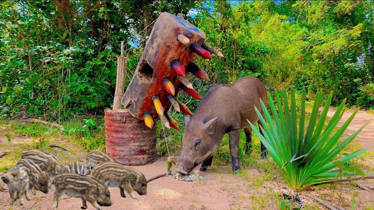 OMG!! Best creative wild boar trap using big sharp wood fall into ...