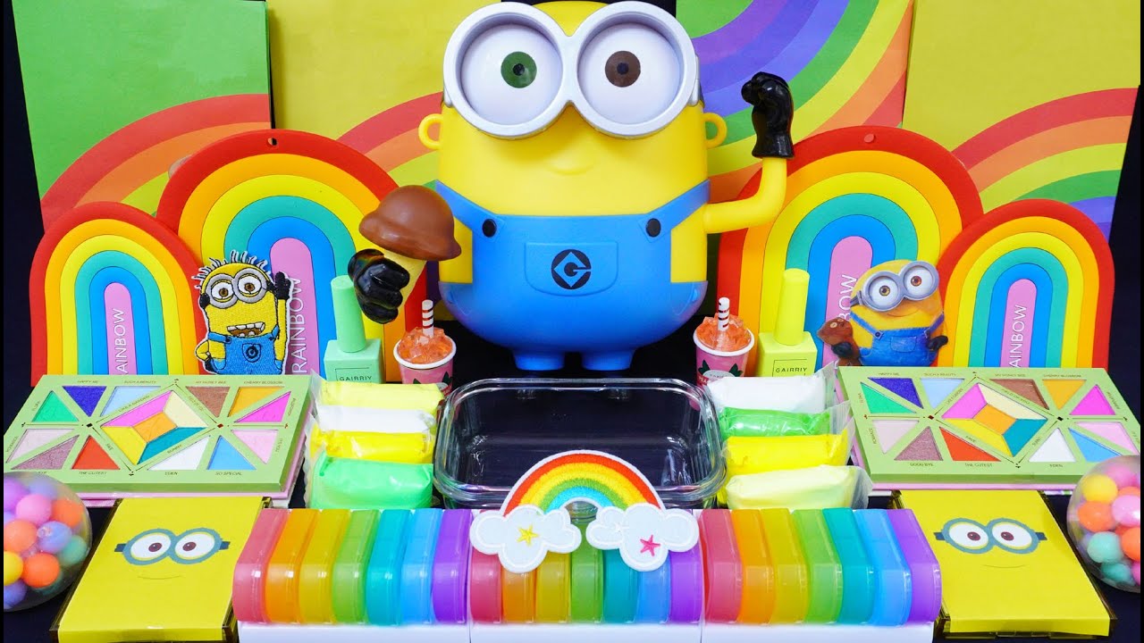 "Minions" Slime. Mixing Makeup into clear slime! Satisfying slime! 🌈 ...