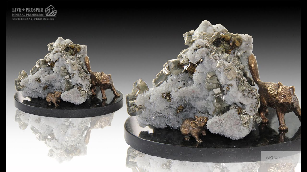 #mineral_premium Bronze figures of cat and mouse with pyrite on ...