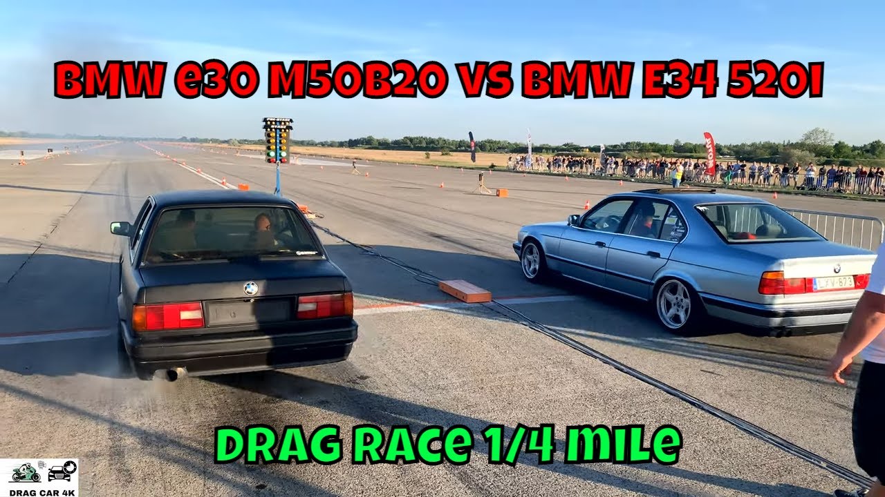 BMW e30 M50B20 vs BMW E34 520i 206S1 drag race 1/4 mile 🚦🚗 - 4K UHD - YouTube