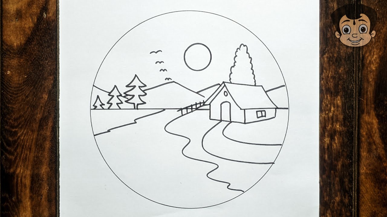 How to Draw a Beautiful Nature Scenery in Circle | Mountain and River ...