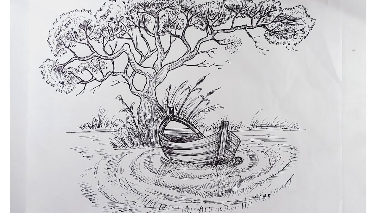 How to draw a river side landscape | River side scenery drawing easy ...