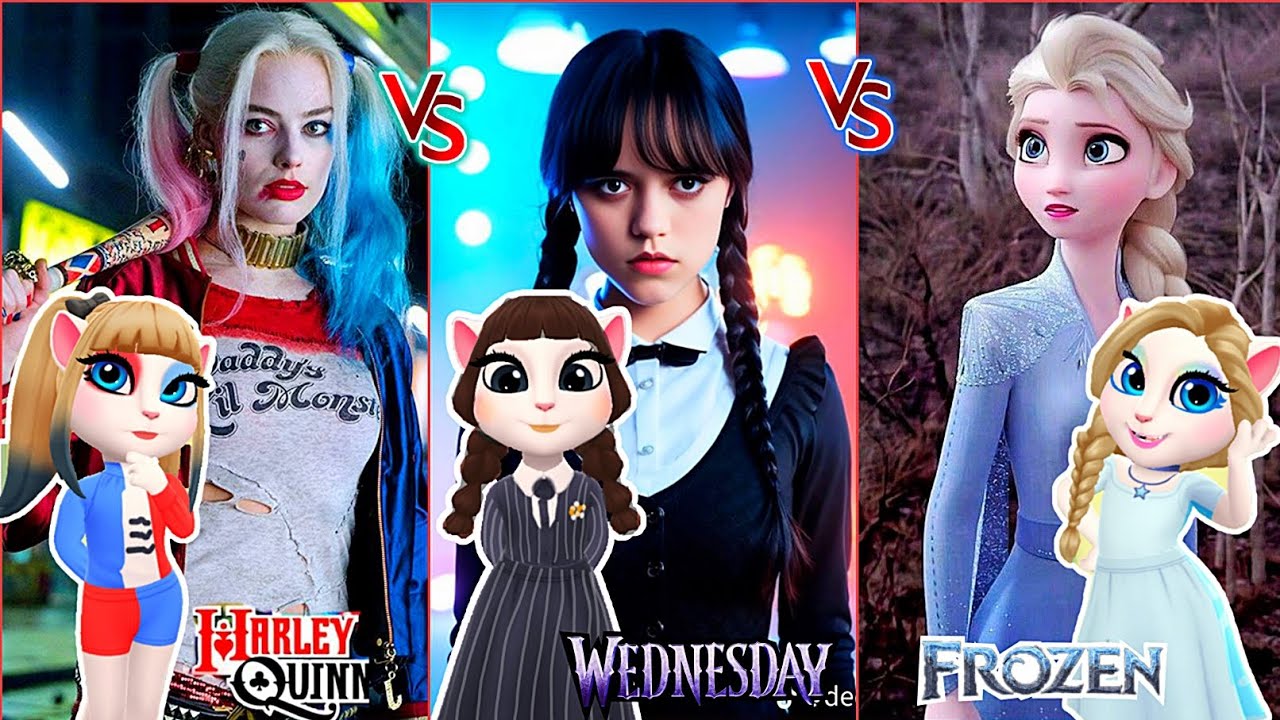 my talking Angela 2 Wednesday Addams vs Harley Quinn vs frozen Elsa ...