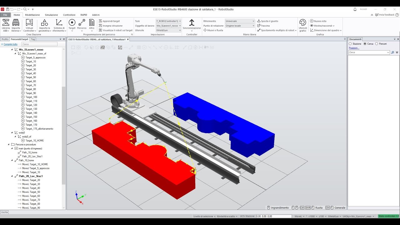 ESE15 - ABB RobotStudio IRB4600 stazione di saldatura in movimento con MoveC da ambiente grafico ...