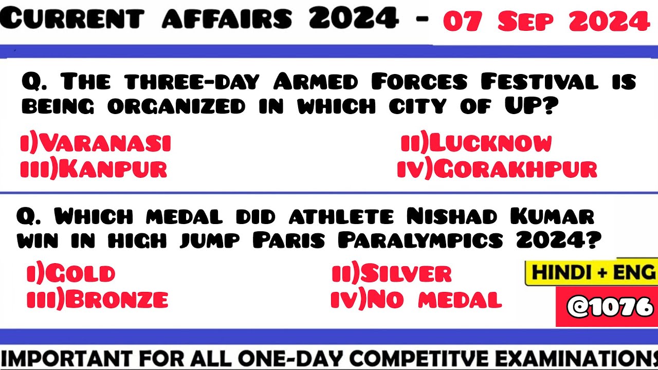 7 September 2024 Current Affair Questions | Daily Current Affairs ...